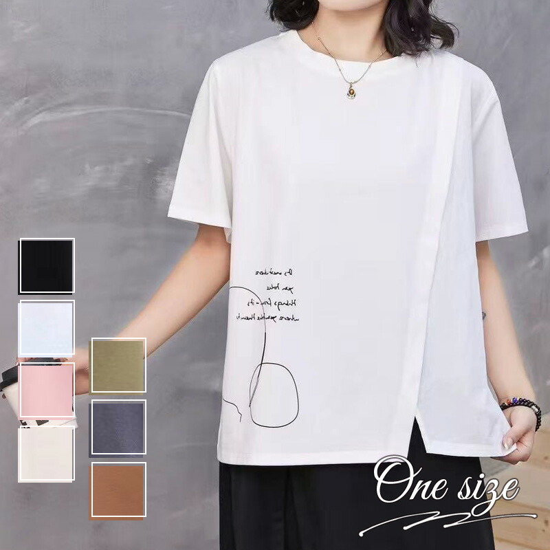 【楽天市場】\当日発送／【6/27まで最大10％OFFcp】Tシャツ 半袖 カットソー レディース トップス 線画プリント ゆったり 無地風 ...