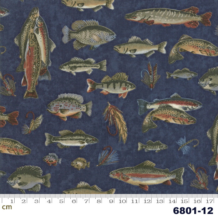 【楽天市場】【Moda モダ】Lake Views-6801-12(2D-01) ブルー系 魚柄 青 ネイビー コットン100％ シーチング ...
