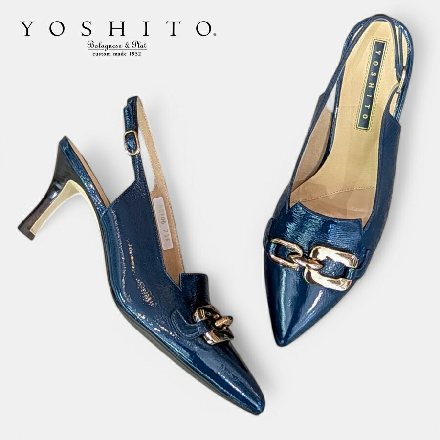 【楽天市場】YOSHITO ヨシト/00106 パンプス バックバンド モチーフ ヒール チェーン モチーフ ネイビー 紺 きれいめ 歩きやすい 楽ちん 履きやすい パーティー エナメル ...