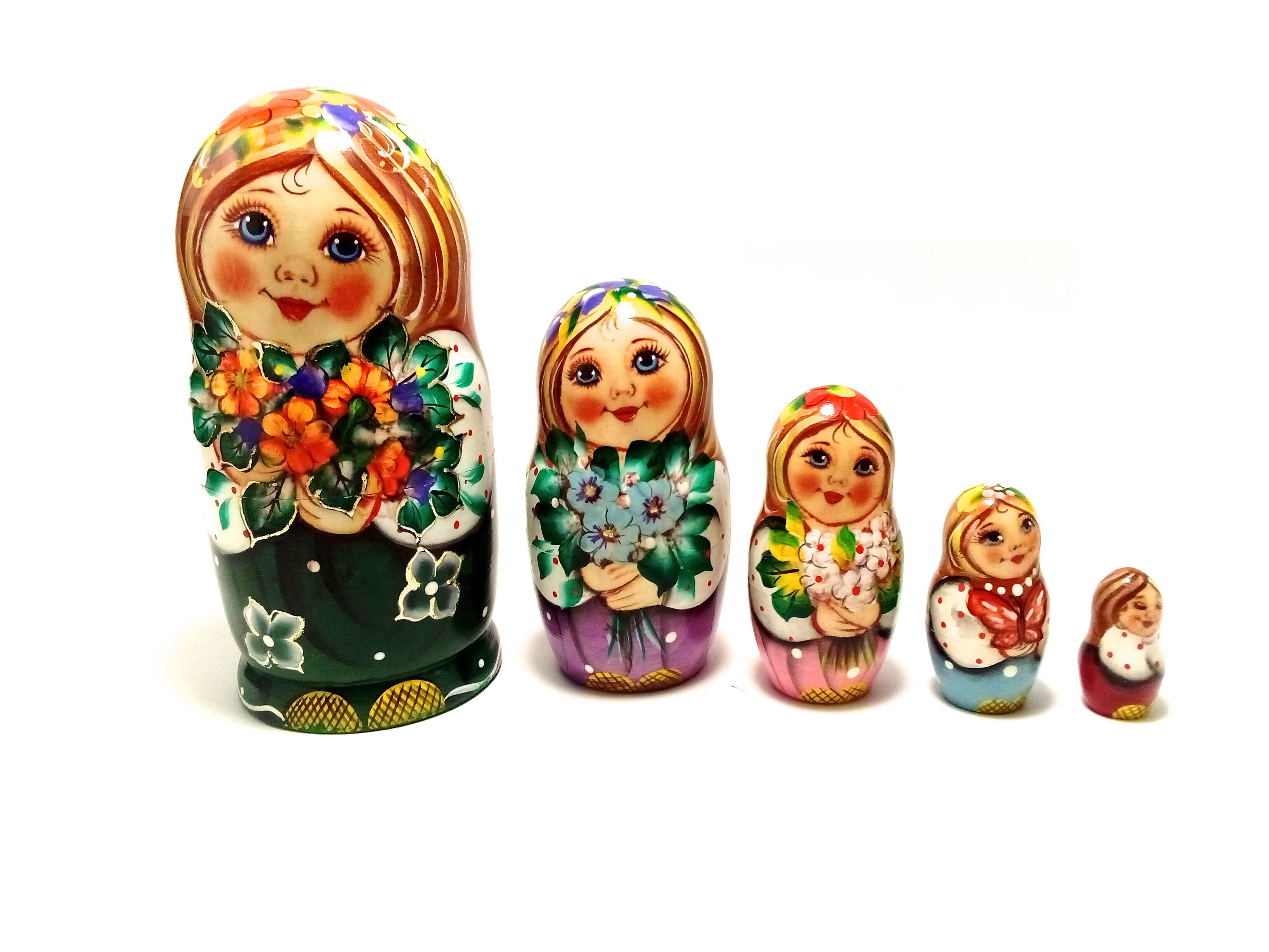 【楽天市場】【送料無料】マトリョーシカ 5個組 15cm 「花束と花冠」 GREEN [ロシア製]：Akhtuba