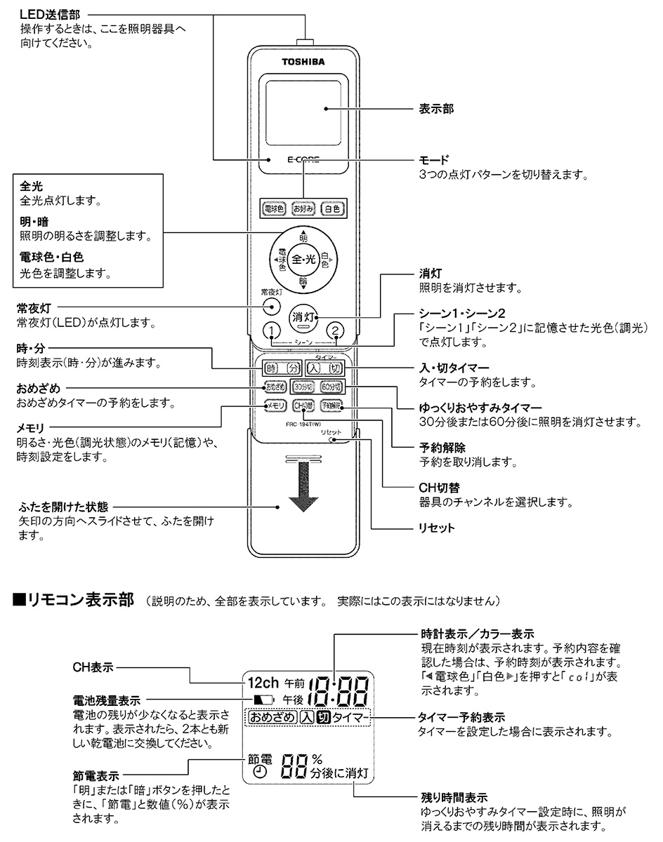 【楽天市場】東芝 照明器具用リモコン LEDシーリングライト用 電池付属 キレイ色ーkireiroー 楽エコセンサーなし専用 桃色（ピンク） FRC194TP：オールライト
