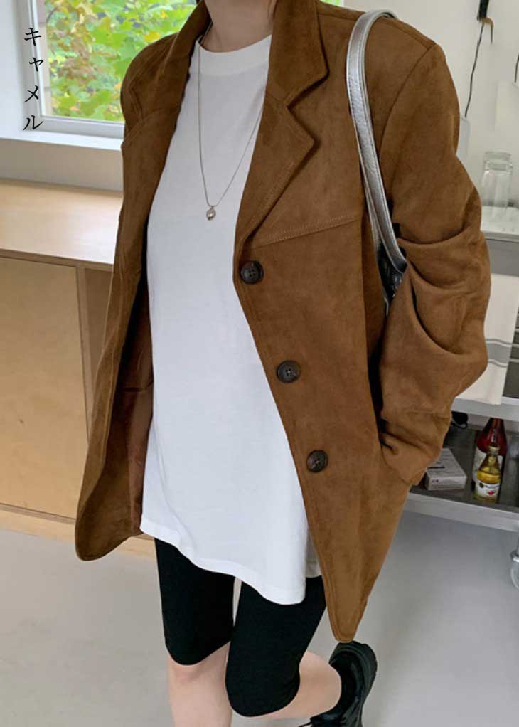 【半額クーポン対象】スウェード風 ヴィンテージライク テーラードジャケット カジュアル きれいめ ゆったり 秋冬 おすすめ レディース オシャレ トレンド 人気 プチプラ 韓国ファッション ...