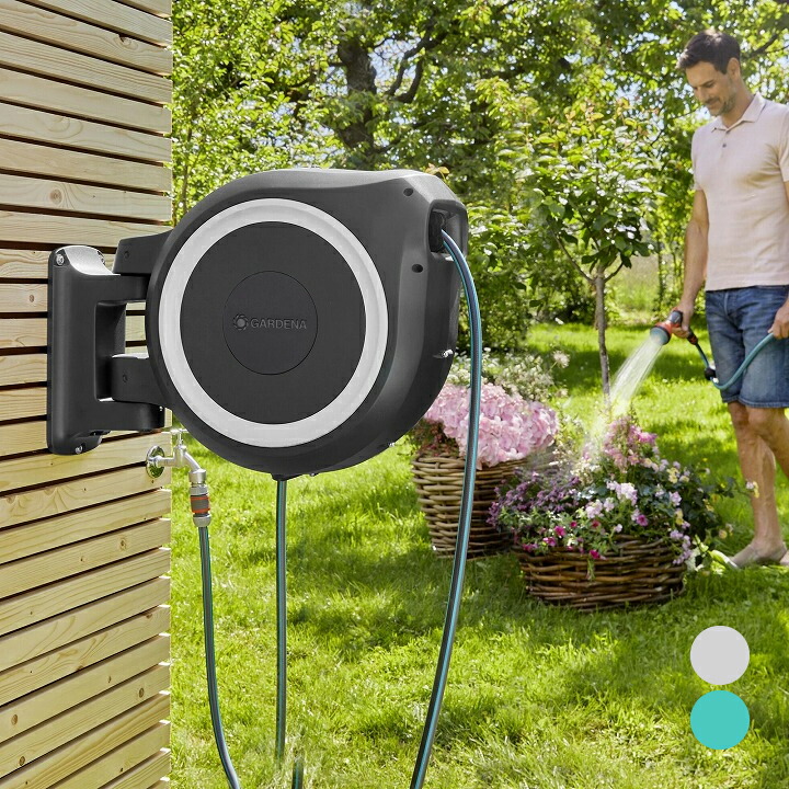 【楽天市場】散水 水やり 水遊び GARDENA ガルデナ タカショー / 壁掛用自動巻取りホースボックス M／L シルバー ターコイズブルー /小型 (rco)：青山ガーデン 屋外家具・ライト