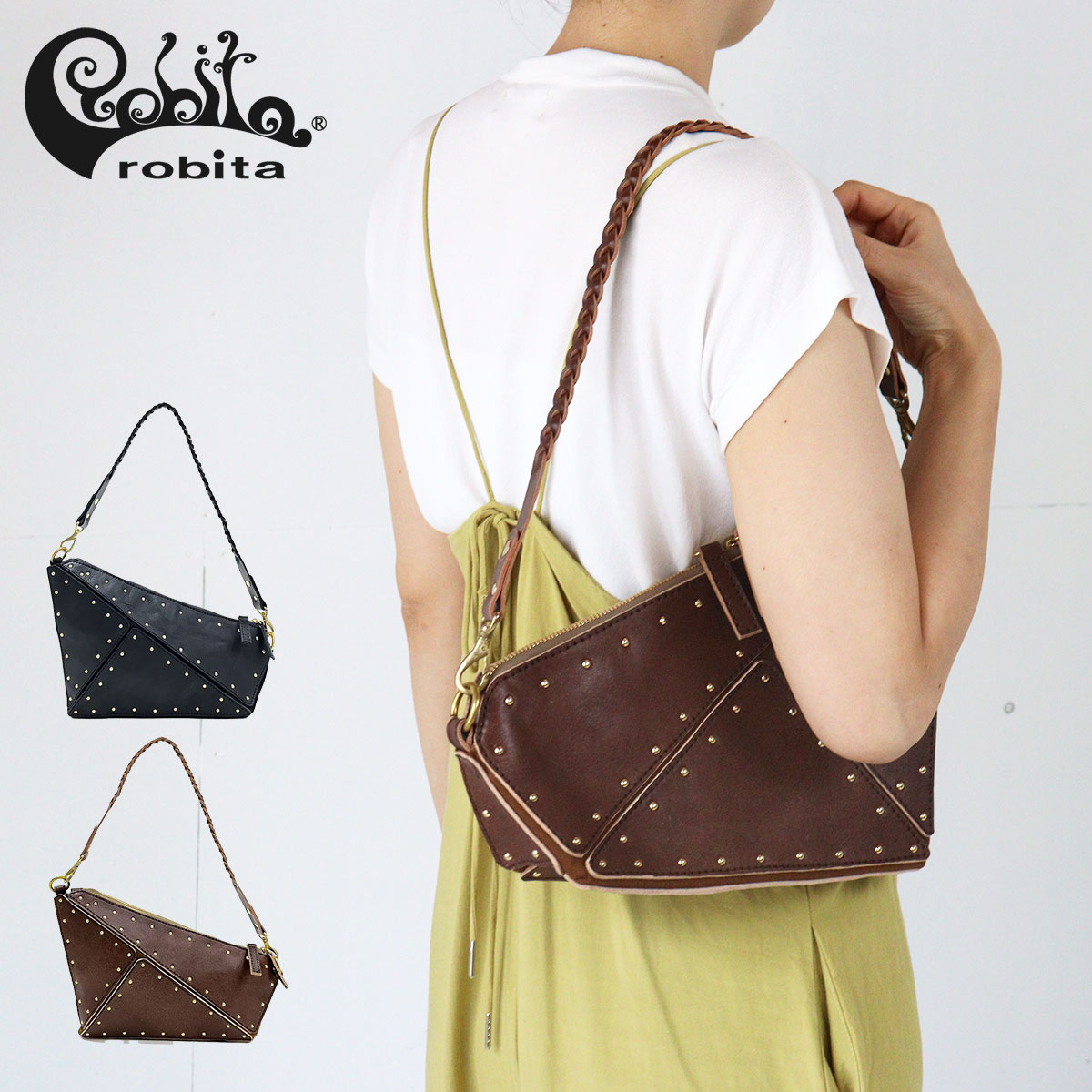【楽天市場】【廃盤終了】ショルダーバッグ スタッズ 三角パネル チェーンショルダー ロビタ robita ワンショルダー 肩掛け 本革 牛革 レディース KH-005【選べるノベルティ ...