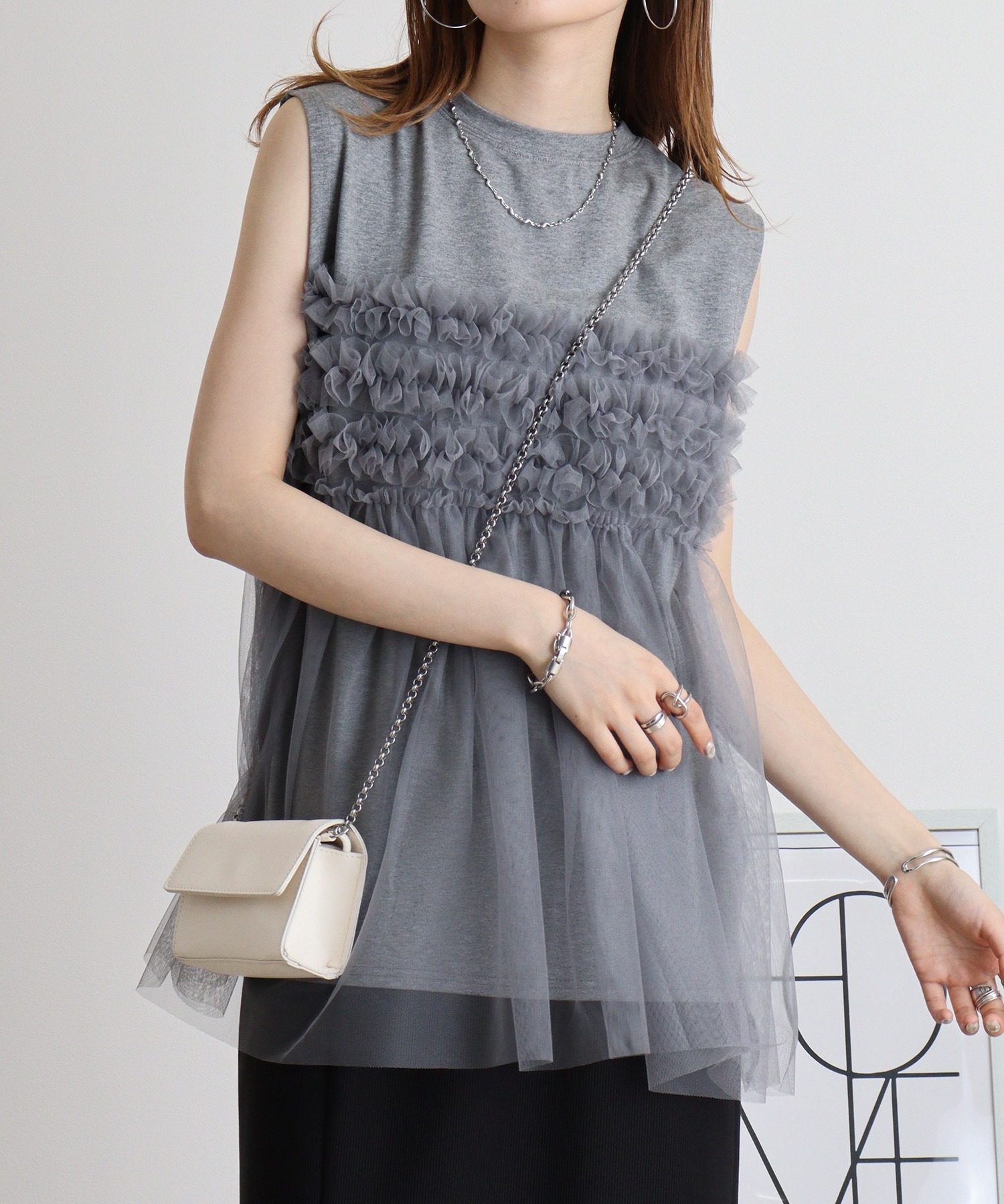 【楽天市場】【クーポンで30％OFF！】プリーツチュールドッキングノースリPO Tシャツ ノースリーブ チュール 異素材 レディース レビュー特典あり：atONE 楽天市場店