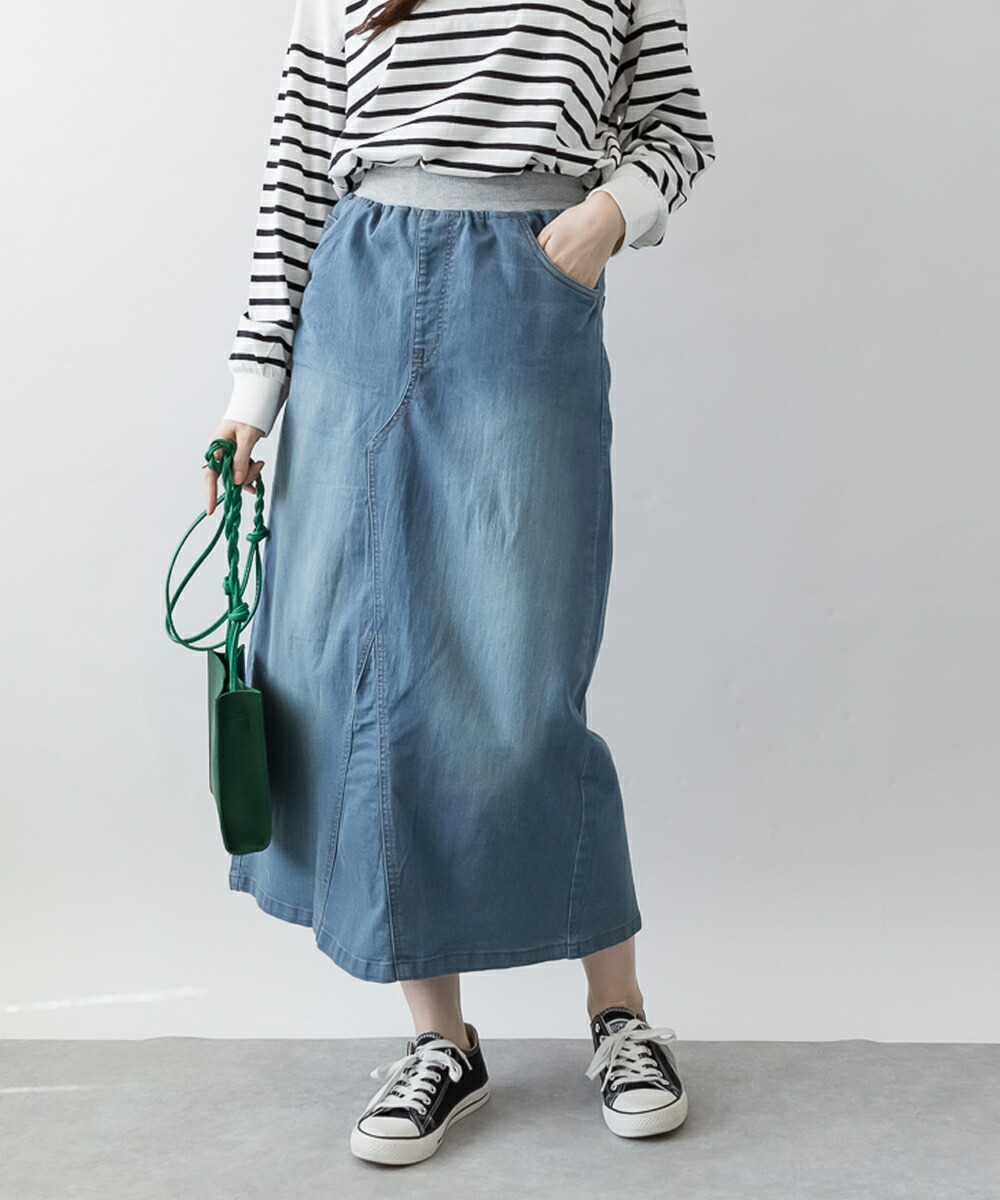 【楽天市場】ウエストリブ セミタイト デニムスカート 大きいサイズ ボトムス ブルー ネイビー 冬 レディース レビュー特典あり：atONE 楽天市場店