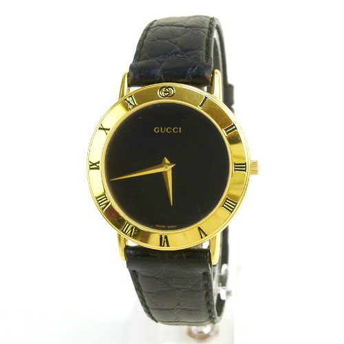 【楽天市場】【GUCCI グッチ】美品 3000.2.M 腕時計 ラウンドウォッチ ゴールドカラー 黒文字盤 クォーツ レザーベルト メンズ ...