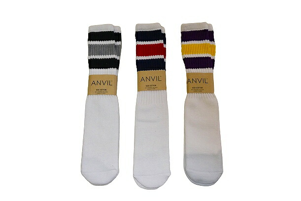 【楽天市場】ANVIL アンビル US COTTON TUBE SOCKS チューブソックス ラインソックス 3足セット 白 ホワイト ...