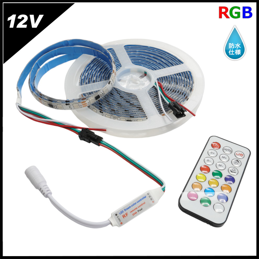 【楽天市場】流れるLEDテープライト 防水 RGB 12V 5m 白ベース RFリモコン付き 5050SMD 366モード搭載：ledテープ ...