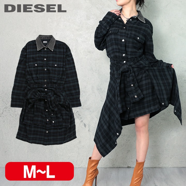 【楽天市場】★diesel ディーゼル レディース★チェック柄 襟デニム切替 膝上丈 長袖フランネルシャツワンピース【d Janice A