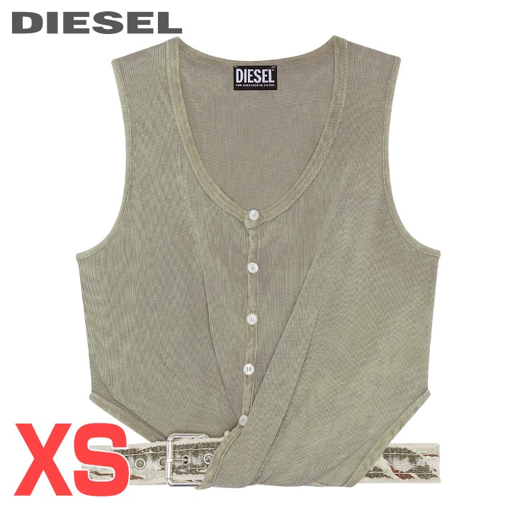【楽天市場】★diesel ディーゼル レディース★ベルト付き ヴィンテージ加工 ストレッチ ノースリーブリブカットソー【t Holder】【サイズxs】【カーキグリーン】die L T F4