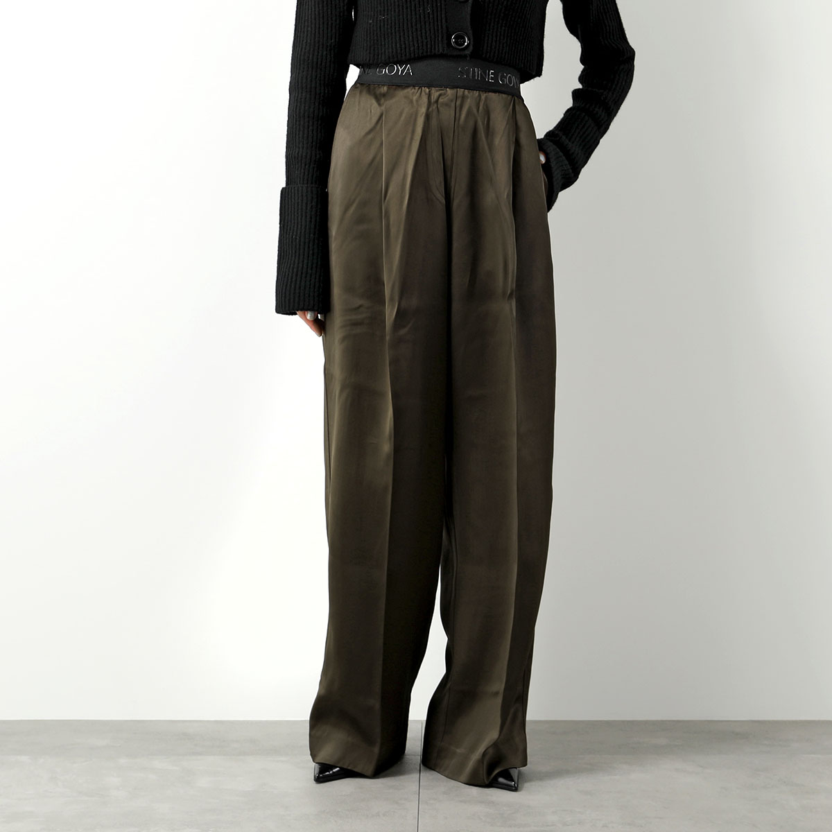 【楽天市場】STINE GOYA スティーヌゴヤ ワイドパンツ Ciara SG5276 レディース サテン ワンタック ロゴテープ フル ...