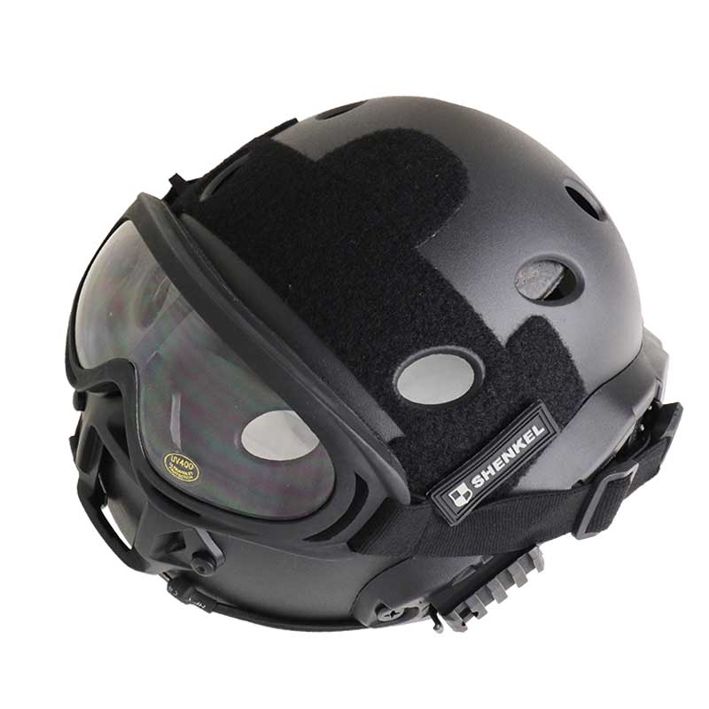 【楽天市場】SHENKEL シェンケル FAST ヘルメット PJtype 4点式あご紐 ＆ GX-500type コンバット ゴーグル BK 黒 セット サバイバルゲーム サバゲー 装備 ...