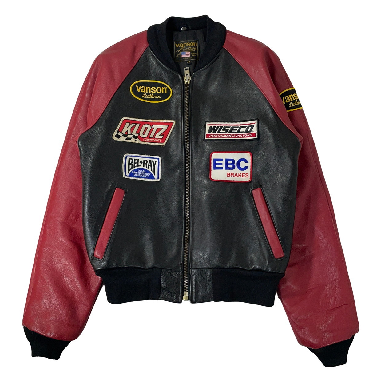 【楽天市場】VANSON バンソン TJP レザー ジャケット シングル ライダース チーム ワッペン スタジャン TJV 赤 黒 36 【中古】【A0】：オーバーラップ楽天市場店