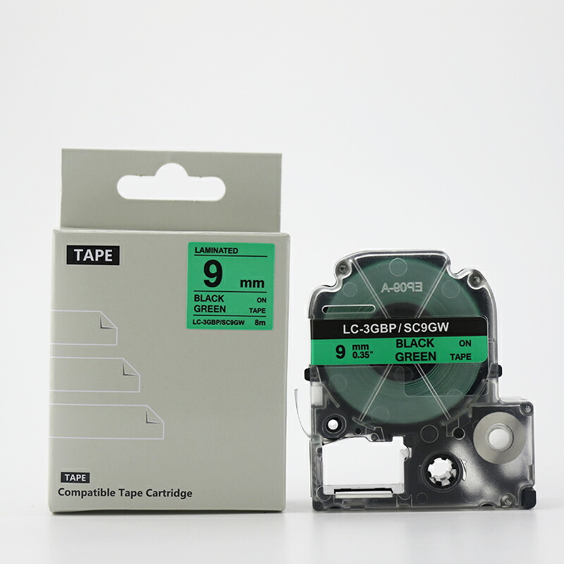 【楽天市場】キングジム用 テプラ【9mm/8m/緑テープ/黒文字】 PRO 互換 テープカードリッジ エプソン 名前シール 名前ラベル sc9gw互換 汎用テープ ラベリング 事務用品 入学 ...