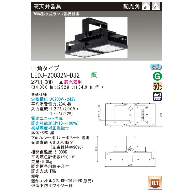 【楽天市場】東芝LED高天井用器具 角形 700W形水銀ランプ器具相当 昼白色 中角タイプ LEDJ-20032N-DJ2 後継機種LEDJ ...