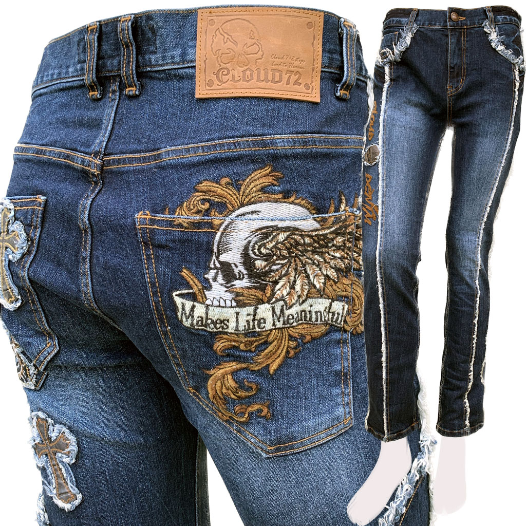 【楽天市場】CLOUD72 (クラウド72) #696 メンズ オールシーズン ストレッチストレートデニム/ジーンズ /スカル/ドクロ/フリンジ/刺繍/ストレッチ ブルー/インディゴ 28 ...