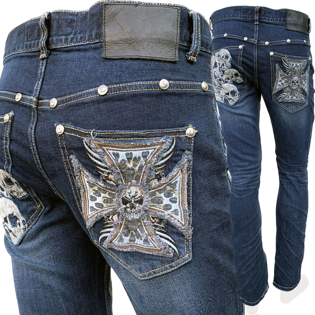 【楽天市場】CLOUD72 (クラウド72) #736 メンズ オールシーズン ストレートデニム/ジーンズ スカル 刺繍 USED加工 ストレッチ 色落とし インディゴ ブルー 28インチ ...