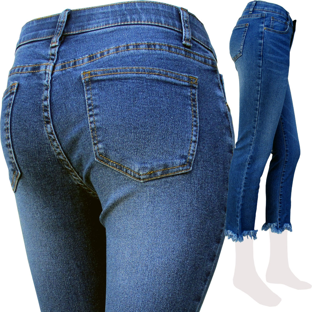 【楽天市場】SHEHJ スーパーストレッチスキニージーンズ レディース オールシーズン 9分丈/フリンジ/デニム/ブリーチ/ディープブルー ...