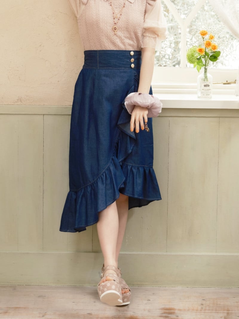 【楽天市場】【SALE／50%OFF】イレヘムフリルデニムSK axes femme POETIQUE アクシーズファム スカート ロング・マキシスカート ブルー ブラック【RBA_E ...