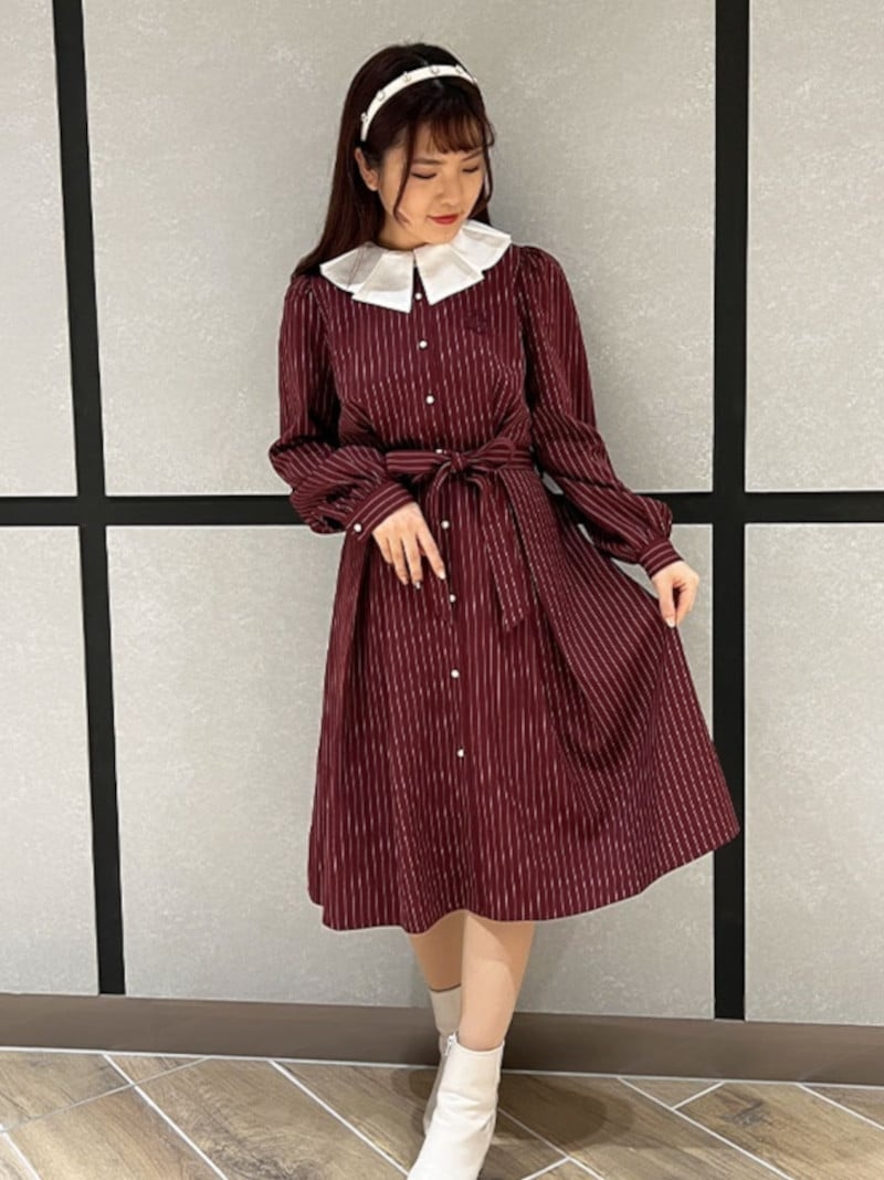 【楽天市場】【SALE／62%OFF】プリーツ襟ストライプOP axes femme POETIQUE アクシーズファム ワンピース・ドレス シャツワンピース レッド グリーン ネイビー ...