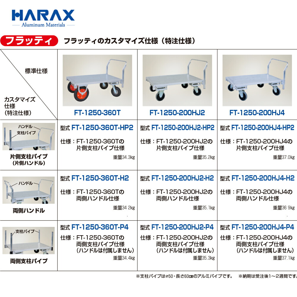 【楽天市場】ハラックス｜HARAX 運搬車 全面アルミ板張りフラット台車 フラッティ片側支柱パイプ仕様 FT-1250-200HJ4-HP2 ...