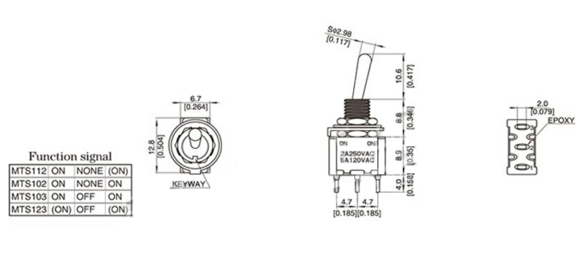 【楽天市場】B1 3PシングルON-OFFトグルスイッチMTS-102（オルタネイト）250V/3A 1個130円です。：KUROGISYOTEN