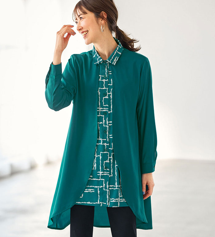 【楽天市場】\GWクーポン利用で店内全品10％OFF／チュニック M L LL 3L 4L 5L 視覚効果で細見えシャツ重ね着風チュニック(M ...