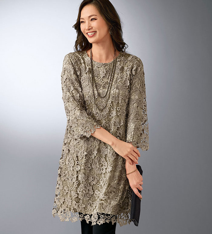 【楽天市場】チュニック M L LL 3L 4L 5L 総ケミカルレースエレガントチュニック(M～5L) ベルーナ Belluna 40代 50代 60代 ミセス 大人 レディース 秋冬 秋冬 ...