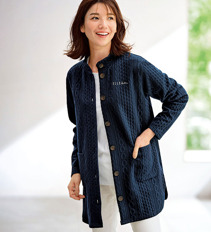 【楽天市場】ジャケット ＜ELLE Active＞ケーブル柄ジャカード素材ロング丈ジャケット(M～5L) ベルーナ Belluna 40代 ...