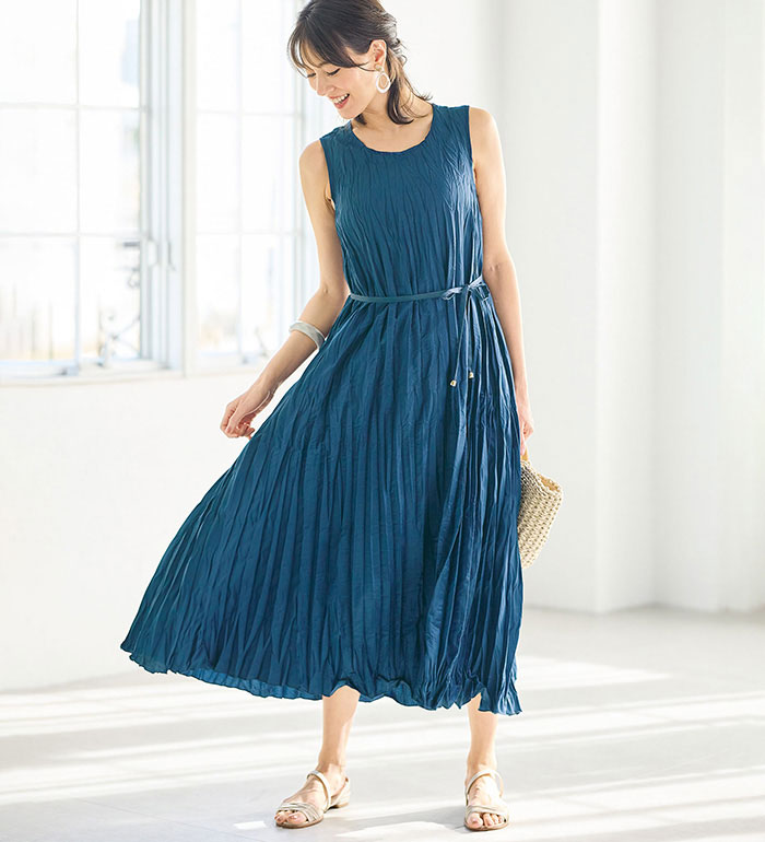 【楽天市場】ワンピース レディース 真夏のおしゃれを楽しむクリンクルプリーツワンピ 25盛夏 ベルーナ belluna M-5L：ベルーナ