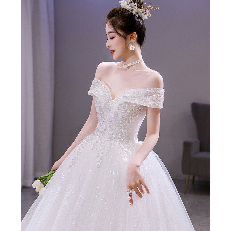 【楽天市場】送料無料 ウェディングドレス オフショルダー ビーズ キレイめ 白 結婚式ドレス 花嫁ドレス Vネック ロングドレス 二次会ドレス ...