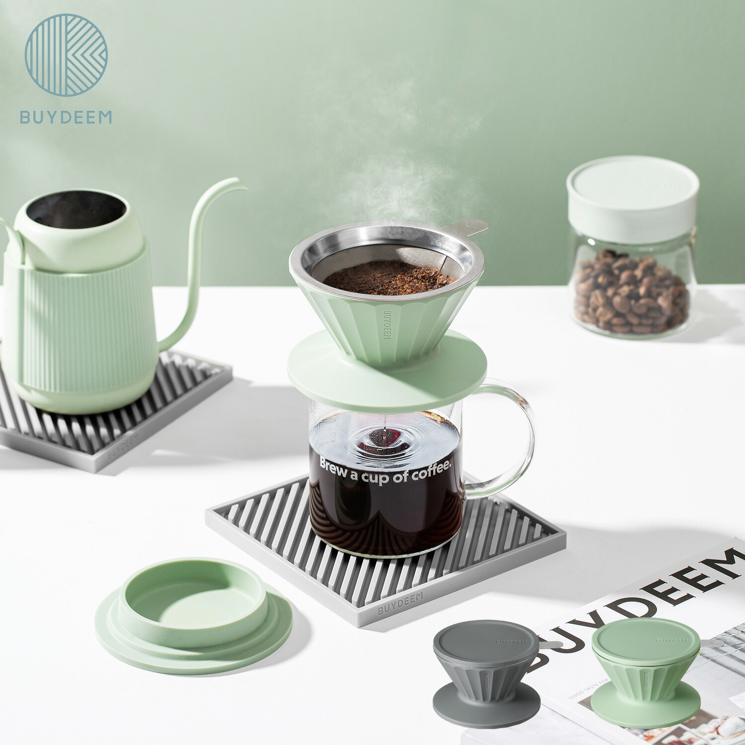 【楽天市場】BUYDEEM DRIPPER SET バイディーム コーヒードリッパー ステンレスフィルター グラス セット グレー グリーン ...