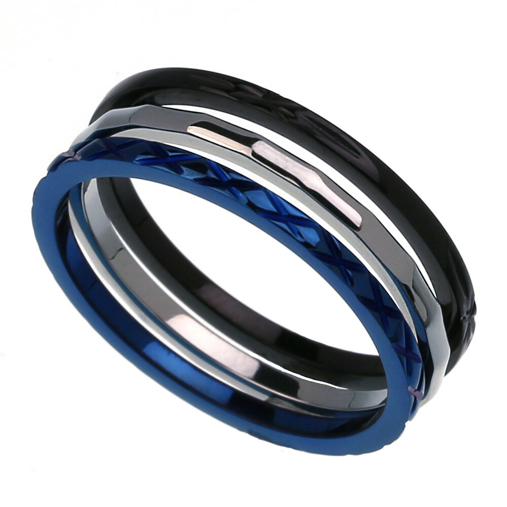 【楽天市場】\10%OFFクーポン&11/25限定P7倍／Binich(ビニッチ) ブルー ブラック デザイン カッティング 3連 リング 指輪 メンズ[ステンレスリング]：シルバー ...