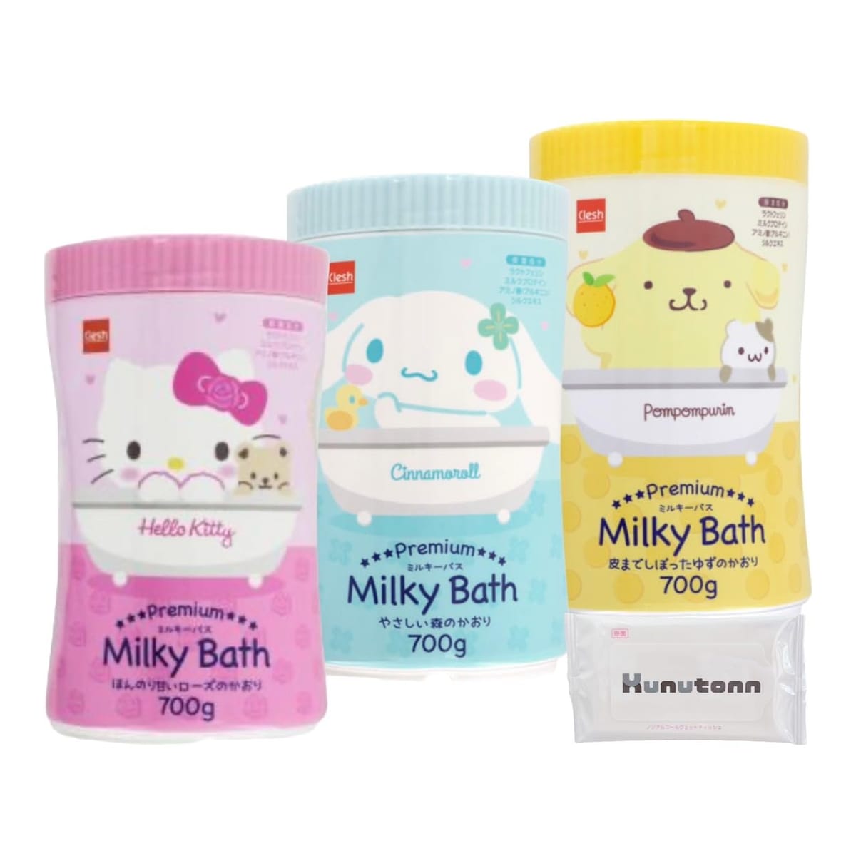 【楽天市場】クレッシュ ミルキーバス Clesh 入浴剤 3種アソートセット 700g ハローキティ ローズ シナモロール 森 ポムポムプリン ゆず + Kunutonnオリジナルロゴ入りh ...