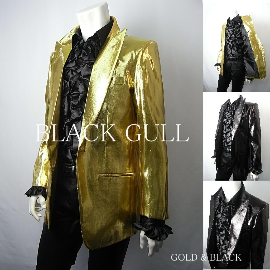 【楽天市場】【BLACK GULL】メンズ ステージ衣装 コスチュームロック バンド ライブ イベント 司会 カラオケ 男性 衣装 金色 ゴールド 黒【品番/デザイン】JA-544メタルサテン ...