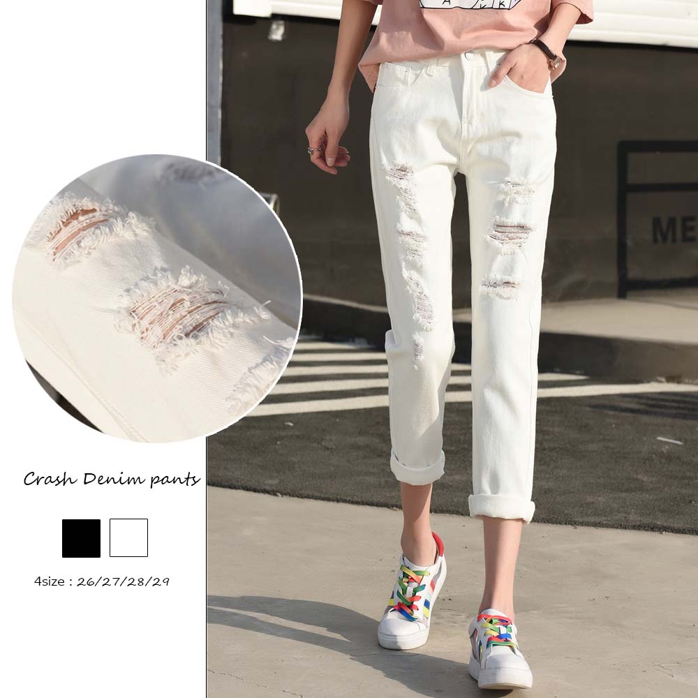 【楽天市場】【送料無料】クラッシュ デニムパンツ レディース ダメージ ジーンズ ジーパン 美脚パンツ ホワイト ブラック モノト ロールアッ ...