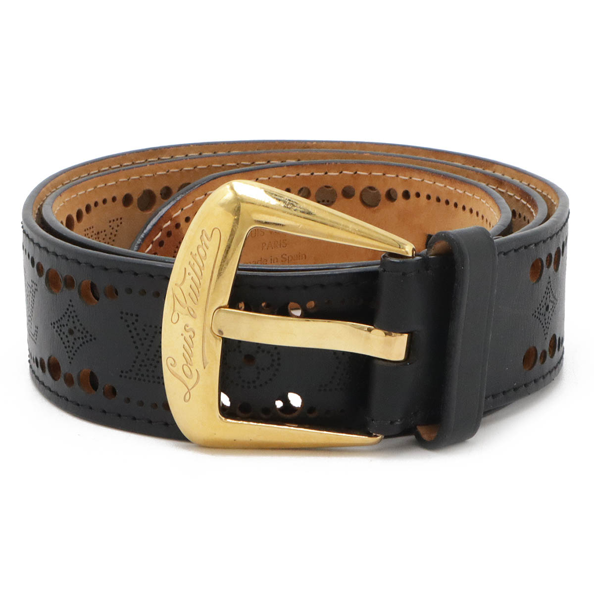 【楽天市場】LOUIS VUITTON ルイ ヴィトン サンチュール フェニックス ベルト パンチング レザー ブラック 黒 ゴールド金具 85/34 #85 M9679V 【中古 ...
