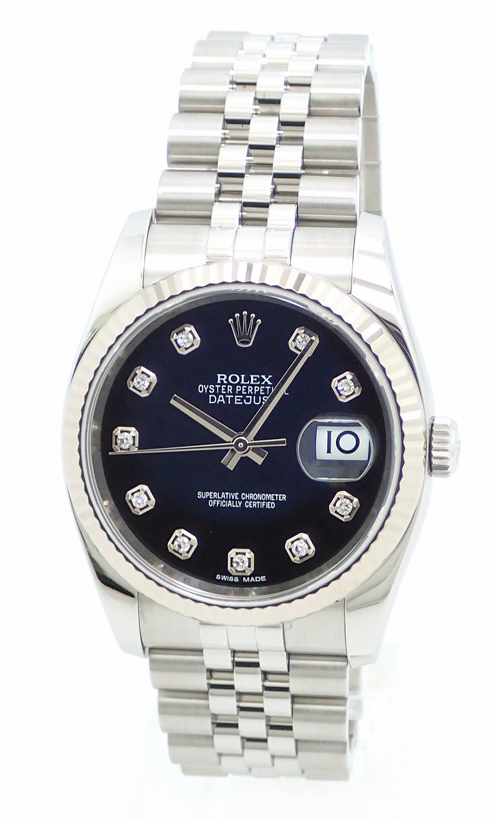 【楽天市場】【ウォッチ】【新品仕上げ済】ROLEX ロレックス デイトジャスト ブラック文字盤 10Pダイヤ K18WGベゼル ランダム ...