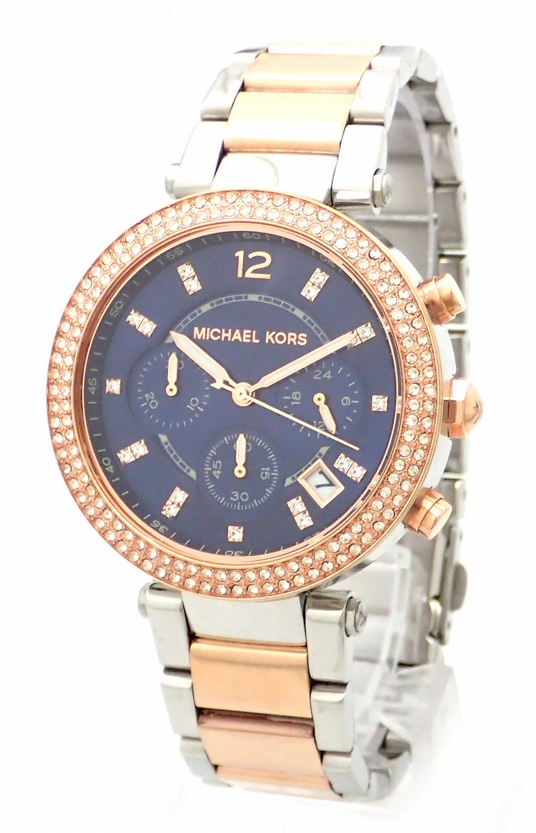 【楽天市場】【ウォッチ】MICHAEL KORS マイケル コース パーカー クロノグラフ デイト ネイビー ラインストーン ローズゴールド ...