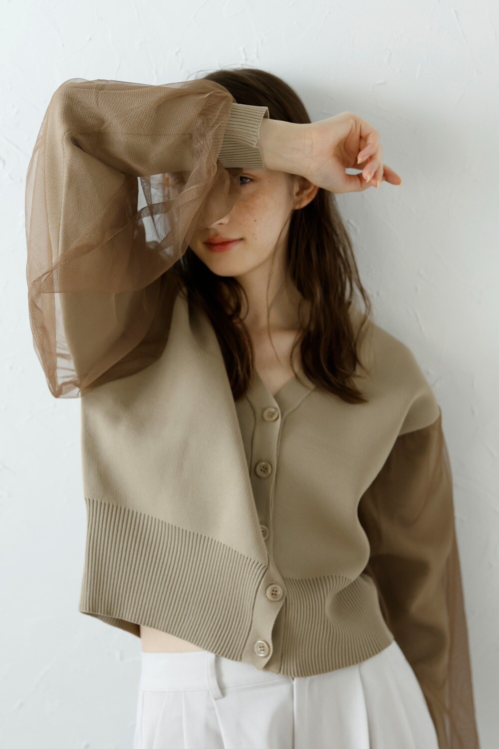 【楽天市場】tulle sleeve cropped cardigan / チュールスリーブクロップドカーディガン：BONJOUR SAGAN