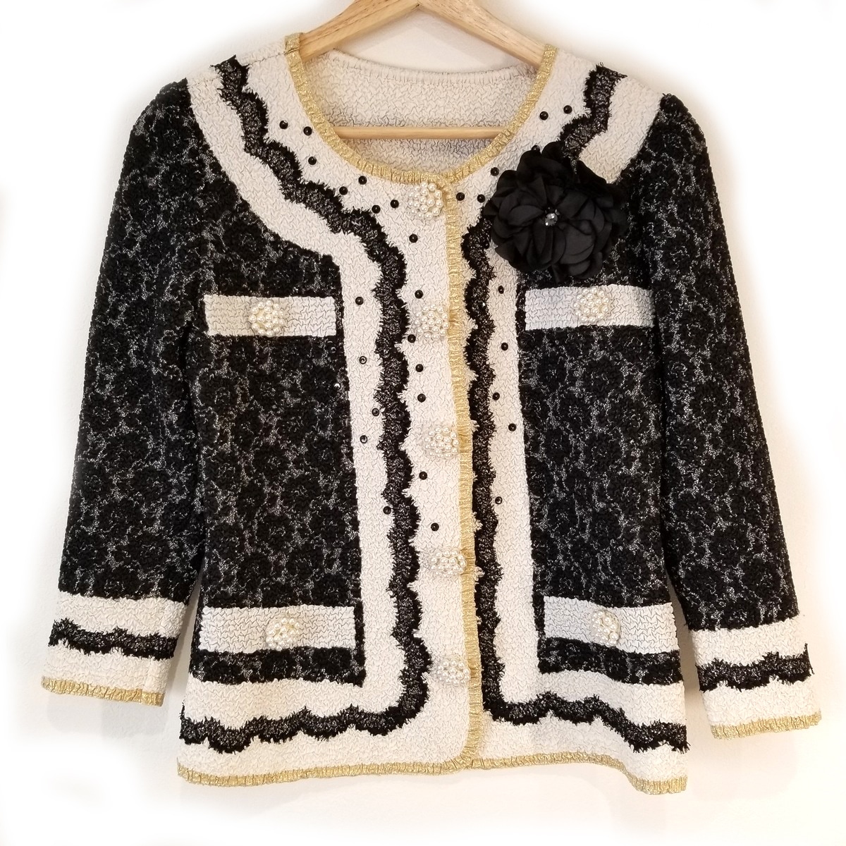 【楽天市場】【中古】NOKO OHNO(ノコオーノ) ジャケット 長袖/シワ加工/フラワー(花)/パール/春/秋 黒×アイボリー×ゴールド：ブランディア 楽天市場店