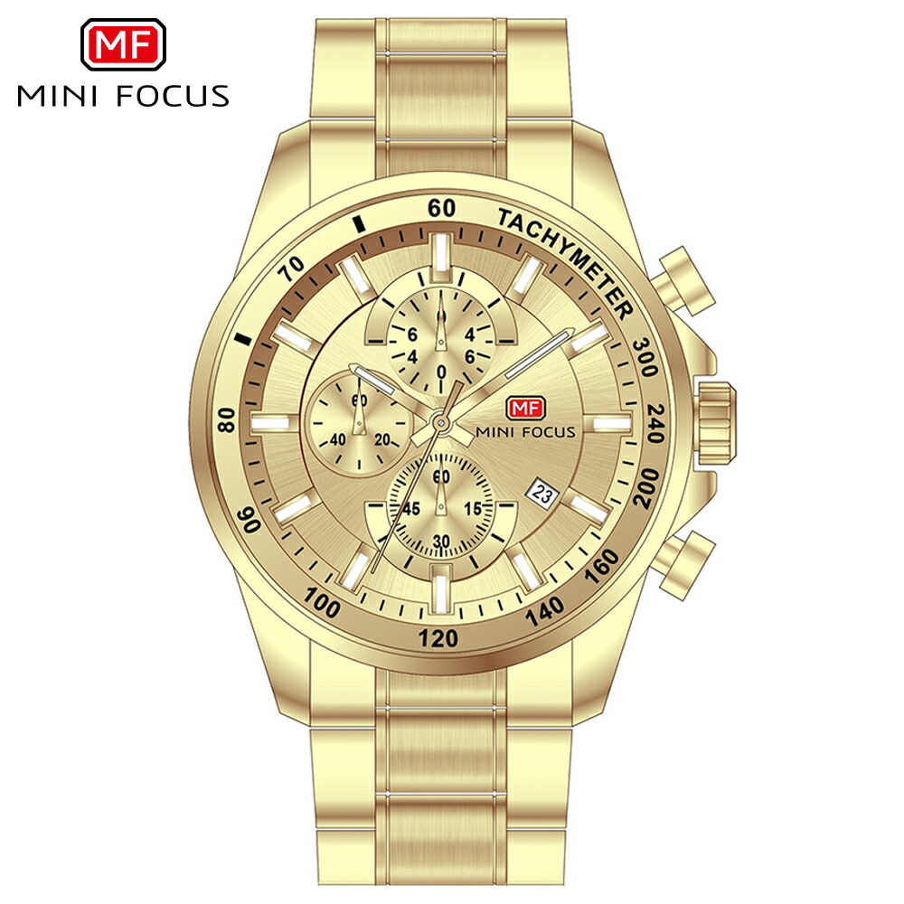 【楽天市場】正規品 MINI FOCUS メンズ腕時計 クロノグラフ クォーツ 日付表示 ステンレスバンド かっこいい 腕時計 手表 メンズ 父の日 ゴールド 金色 高級感 おしゃれ ビジネス ...