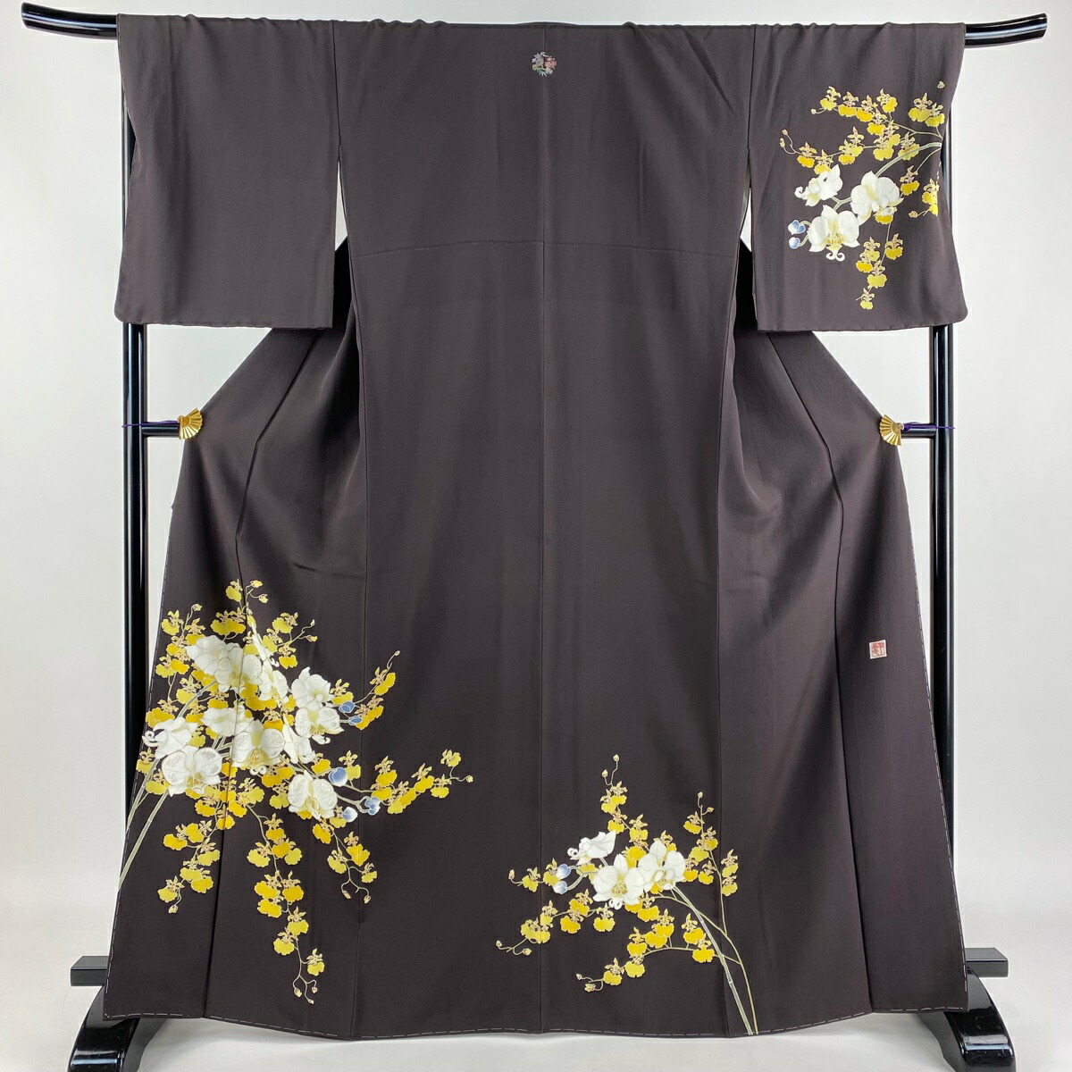 【楽天市場】訪問着 身丈167cm 裄丈69cm L 袷 皆川千恵子 やまと 落款あり 胡蝶蘭 金銀糸 箔 茶紫 正絹 逸品 一つ紋 【中古 ...