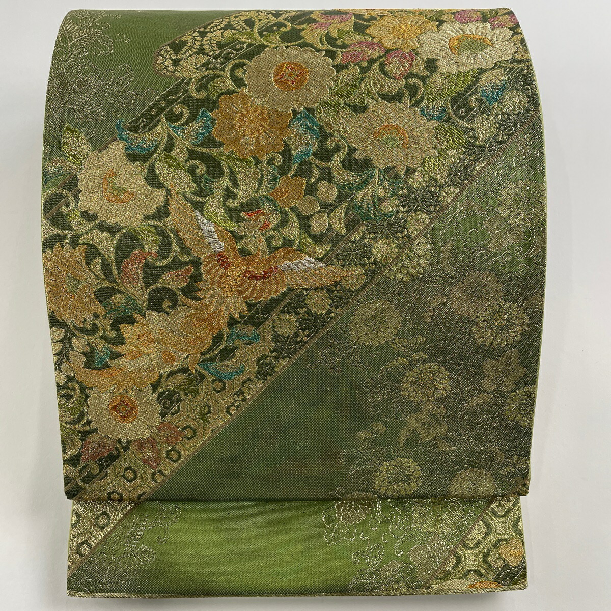【楽天市場】袋帯 美品 秀品 振袖向き 鳥 草花 箔 金糸 よもぎ色 六通 正絹 【中古】：バイセル 楽天市場店