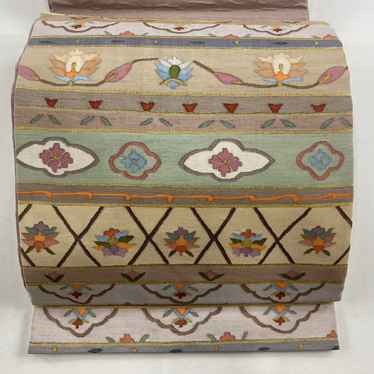 【楽天市場】袋帯 名品 草花 段縞 金糸 灰紫 お太鼓柄 正絹 【中古】：バイセル 楽天市場店