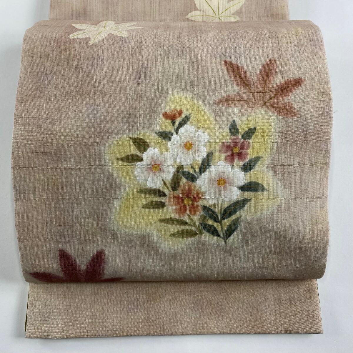 【楽天市場】袋帯 美品 秀品 紬地 草花 紅葉 ピンクベージュ お太鼓柄 正絹 【中古】：バイセル 楽天市場店