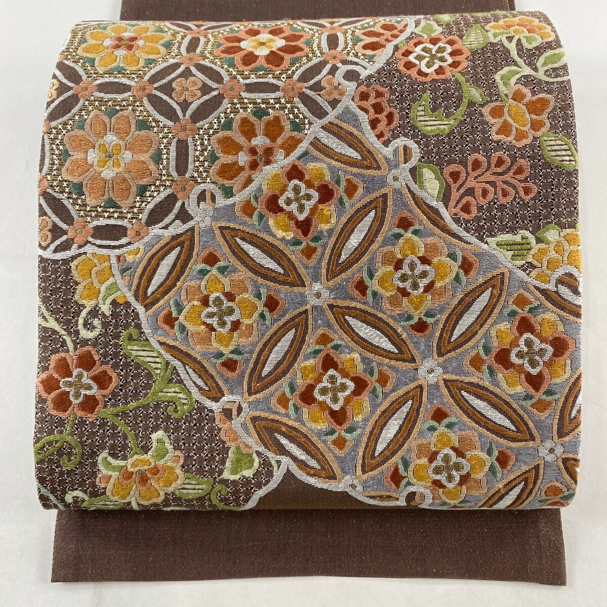 【楽天市場】袋帯 秀品 夏帯 七宝花菱 花唐草 刺繍 金糸 茶色 お太鼓柄 正絹 【中古】：バイセル 楽天市場店