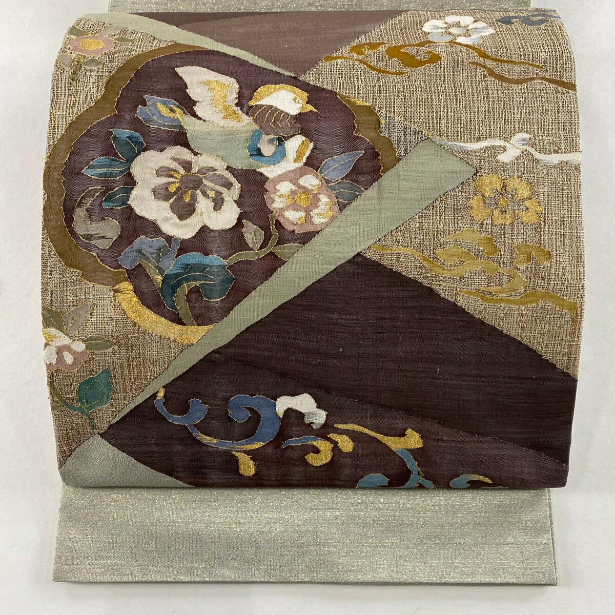 【楽天市場】袋帯 美品 名品 鳥 草花 金糸 箔 灰緑 お太鼓柄 正絹 【中古】：バイセル 楽天市場店