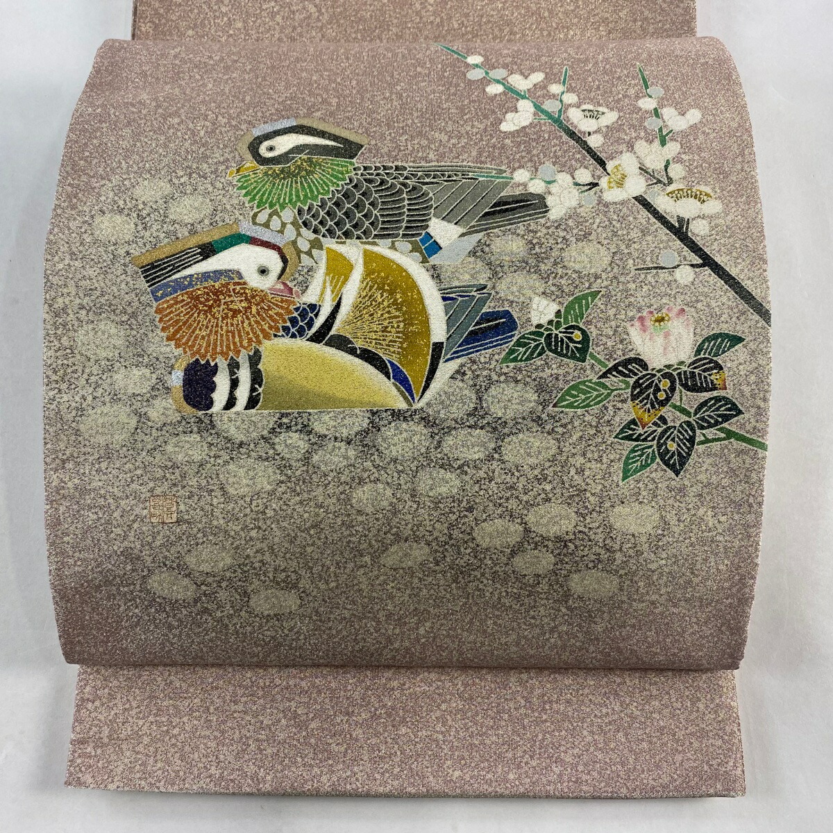 【楽天市場】袋帯 美品 逸品 人間国宝 羽田登喜男 落款あり 鴛鴦 枝梅 金通し 金銀彩 薄小豆 お太鼓柄 正絹 【中古】：バイセル 楽天市場店